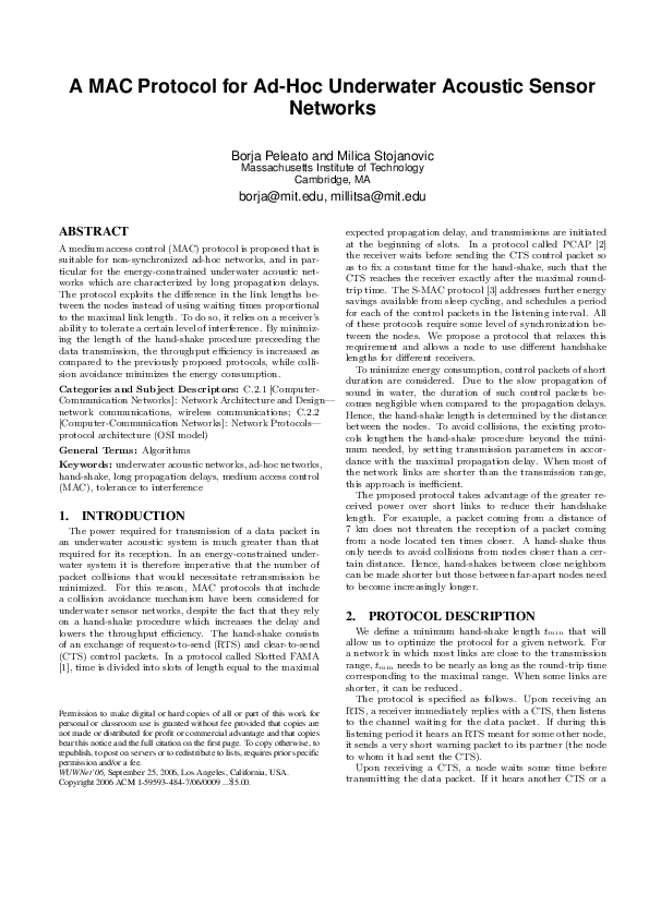 (PDF) A MAC protocol for ad-hoc underwater acoustic sensor networks