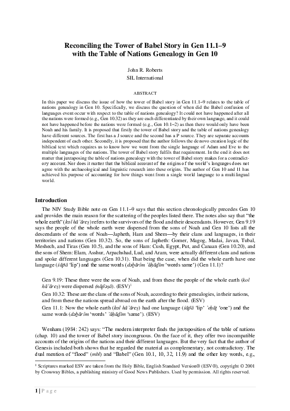 (PDF) Reconciling the Tower of Babel Story in Gen 11.1-9 with the Table ...