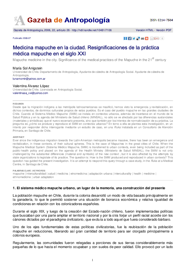 (PDF) Mapuche medicine in the city. Significance of the medical ...