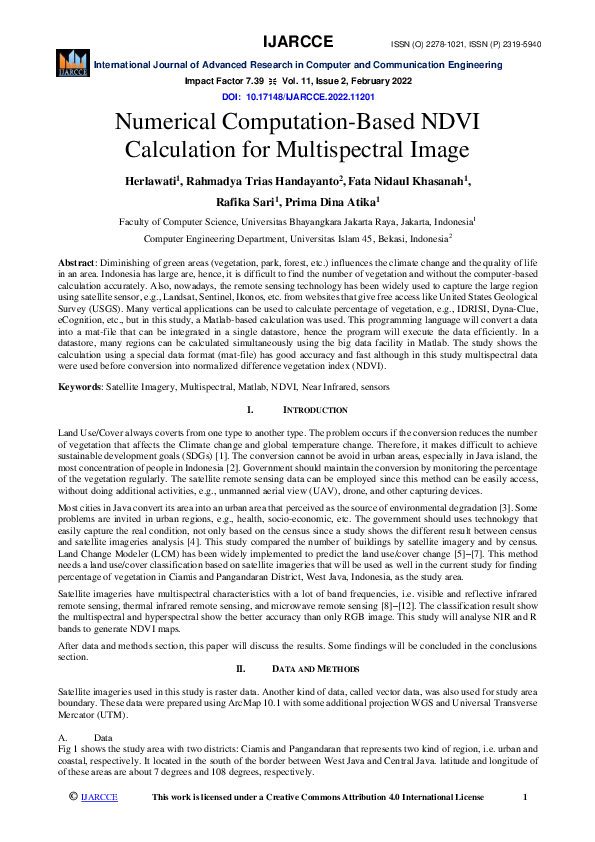 Pdf Numerical Computation Based Ndvi Calculation For Multispectral Image