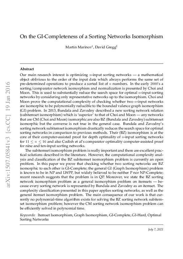 (PDF) On the GI-Completeness of a Sorting Networks Isomorphism | David Gregg - Academia.edu