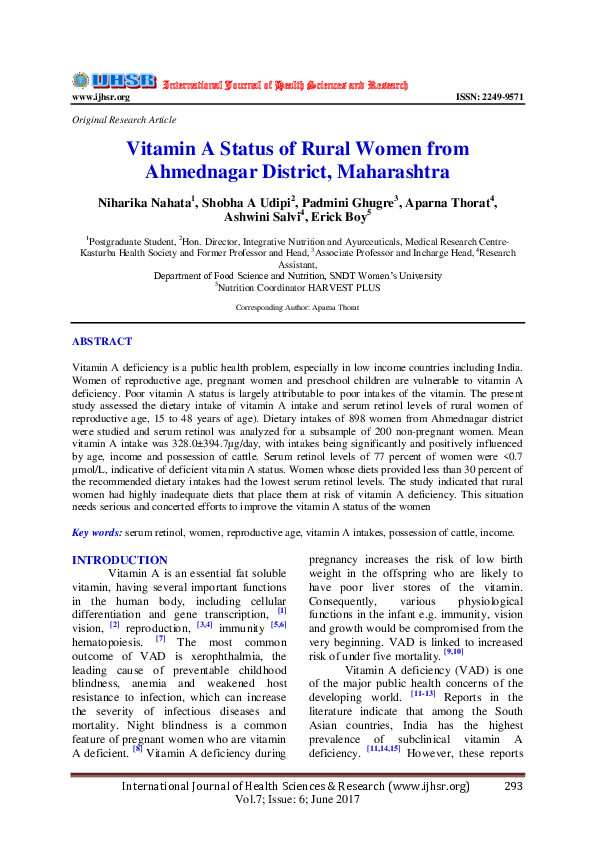 (PDF) Vitamin A Status of Rural Women from Ahmednagar District, Maharashtra Nutrition ...