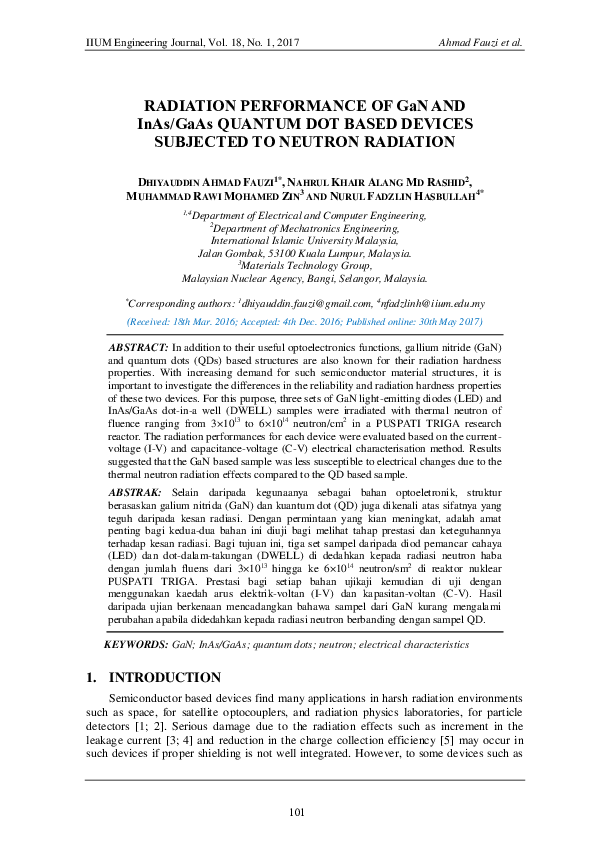 (PDF) Radiation Performance of Gan and Inas/Gaas Quantum Dot Based Devices Subjected to Neutron ...