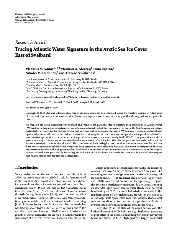 (PDF) Tracing Atlantic Water Signature in the Arctic Sea Ice Cover East ...