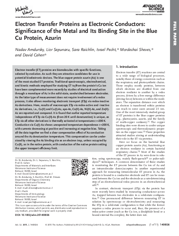 (PDF) Electron Transfer Proteins as Electronic Conductors: Significance ...