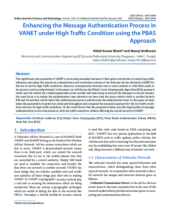 Pdf Enhancing The Message Authentication Process In Vanet Under High Traffic Condition Using