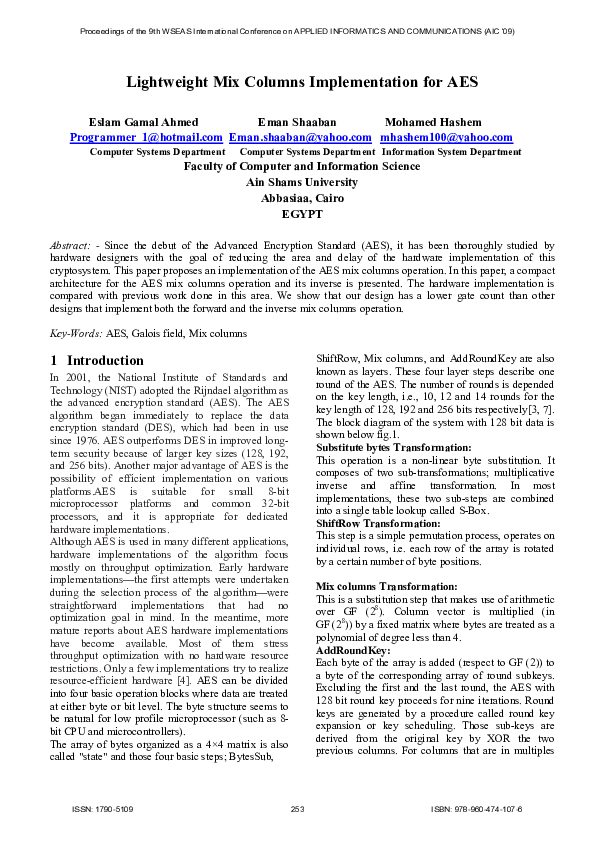 (PDF) Lightweight mix columns implementation for AES