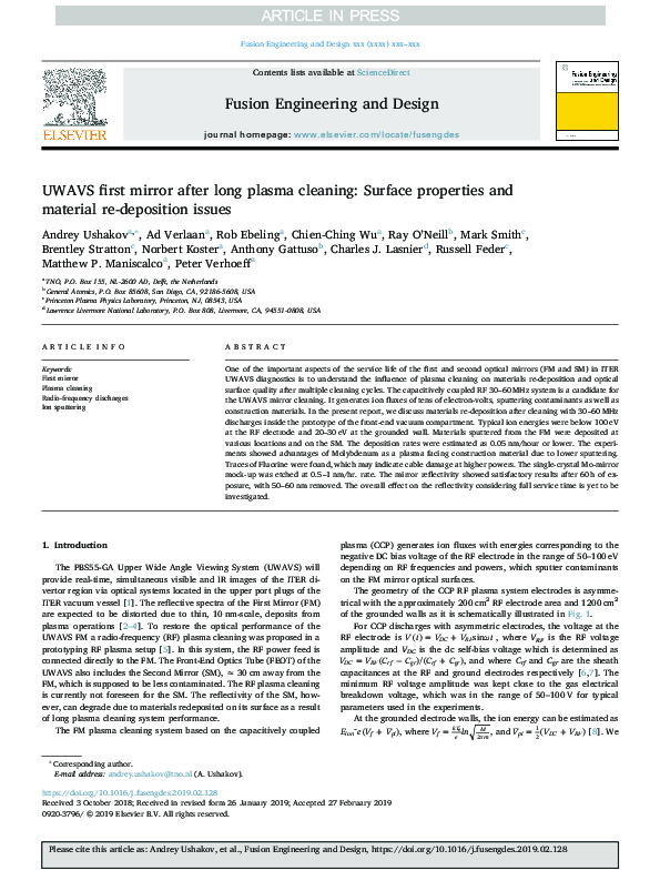 (PDF) UWAVS first mirror after long plasma cleaning: Surface properties ...