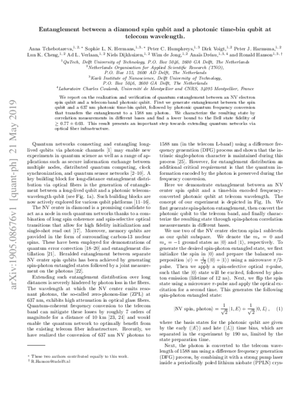 (PDF) Entanglement between a Diamond Spin Qubit and a Photonic Time-Bin ...