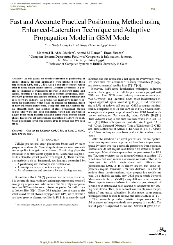(PDF) Fast and Accurate Practical Positioning Method using Enhanced-Lateration Technique and ...
