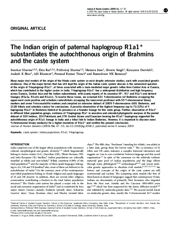 (PDF) The Indian origin of paternal haplogroup R1a1* substantiates the ...