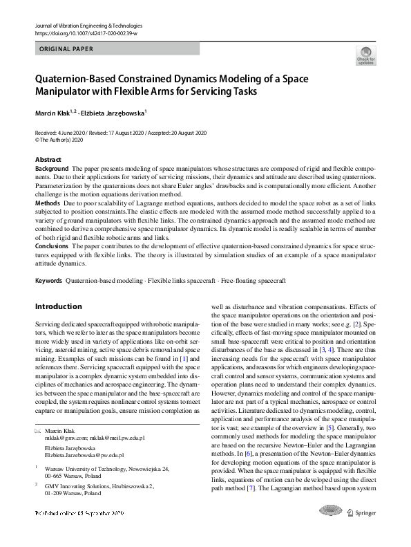 Pdf Quaternion Based Constrained Dynamics Modeling Of A Space Manipulator With Flexible Arms