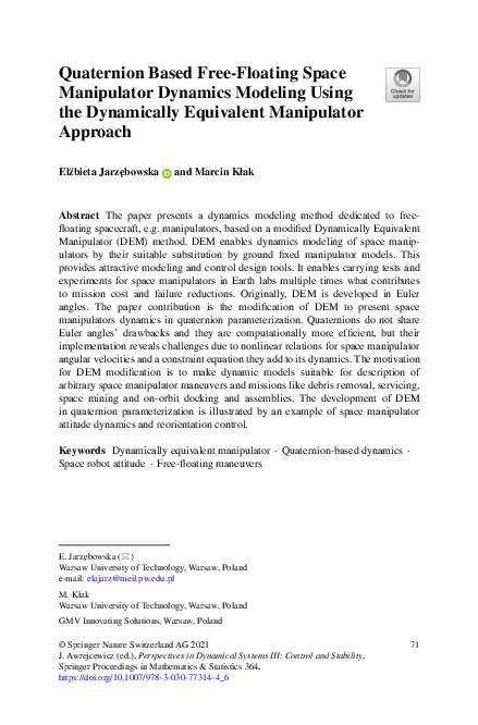 Quaternion Based Free-Floating Space Manipulator Dynamics Modeling Using the Dynamically ...