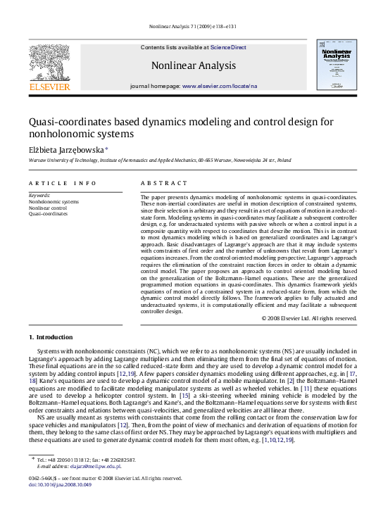 (PDF) Quasi-coordinates based dynamics modeling and control design for ...