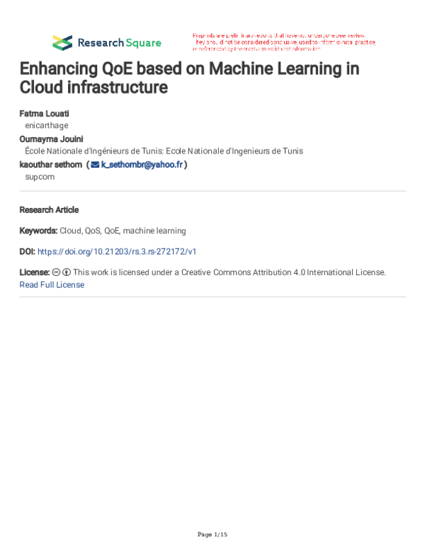 (PDF) Enhancing QoE based on Machine Learning in Cloud infrastructure