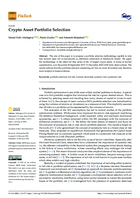 (PDF) Crypto Asset Portfolio Selection