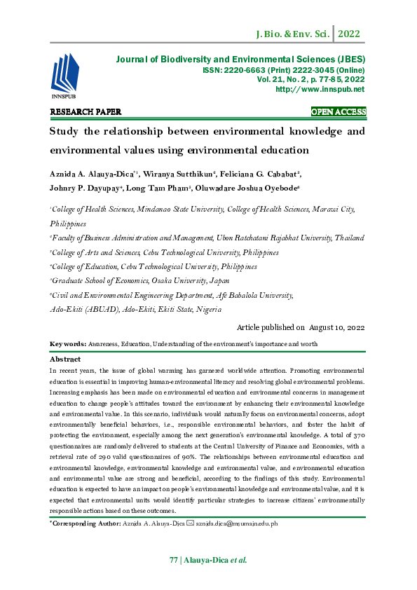 (PDF) Study the relationship between environmental knowledge and environmental values using ...