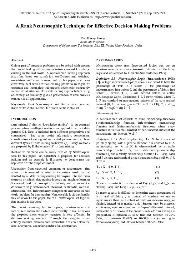 (PDF) A Rank Neutrosophic Technique For Effective Decision Making Problems