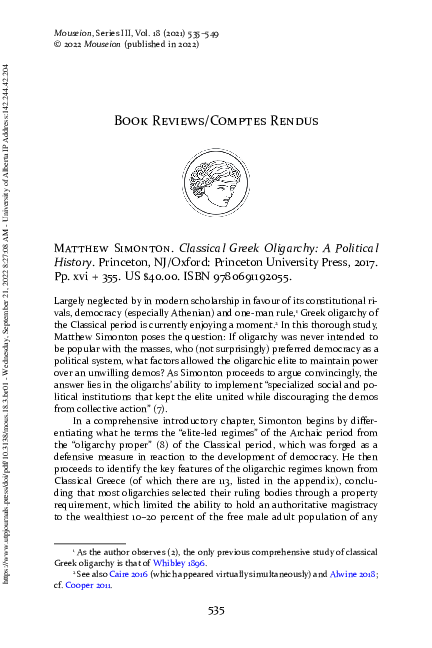 (PDF) Review of Matthew Simonton, Classical Greek Oligarchy