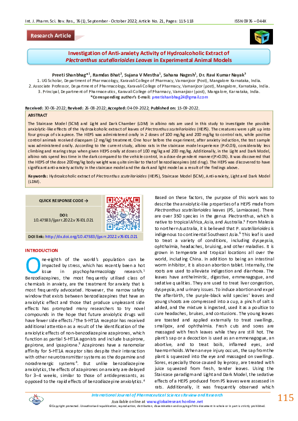 (PDF) Investigation of Anti-anxiety Activity of Hydroalcoholic Extract ...