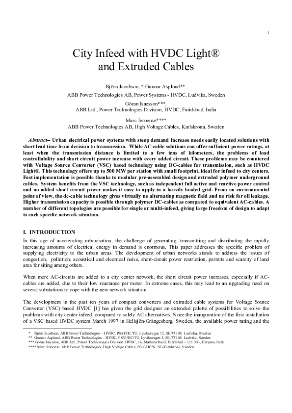 (PDF) City Infeed with HVDC Light® and Extruded Cables
