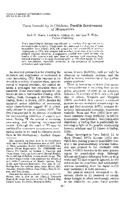(PDF) Tonic immobility in chickens: Possible involvement of monoamines