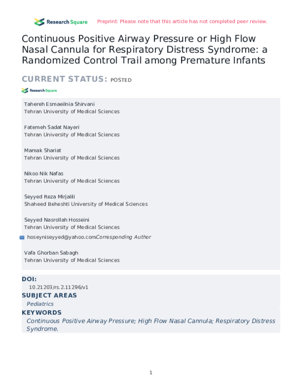 (PDF) CPAP vs HFNC for RDS in Premature Infants: A RCT Study