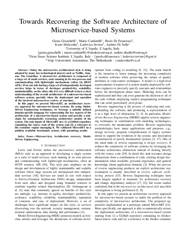 (PDF) Towards Recovering the Software Architecture of Microservice-Based Systems | Amleto Di ...