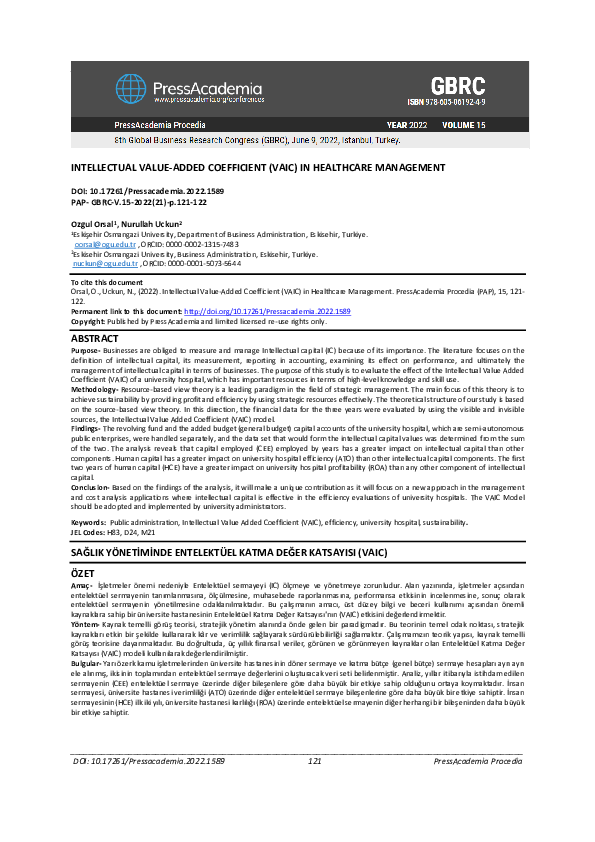 (PDF) Intellectual Value-Added Coefficient (Vaic) in Healthcare Management