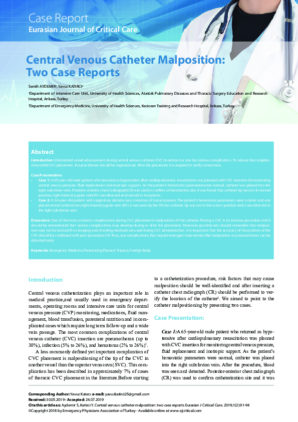 (PDF) Central Venous Catheter Malposition: Two Case Reports