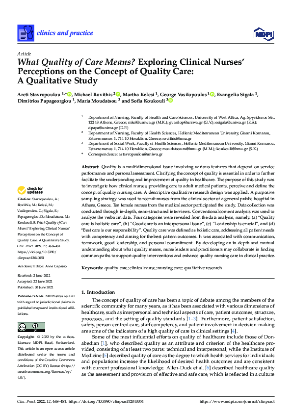 (PDF) What Quality of Care Means? Exploring Clinical Nurses’ Perceptions on the Concept of ...