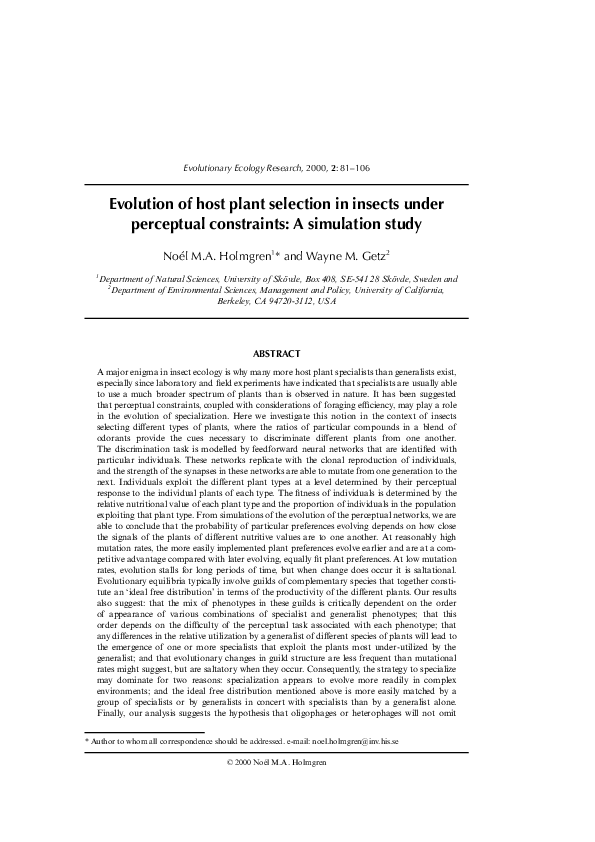(PDF) Evolution of host plant selection in insect under perceptual ...