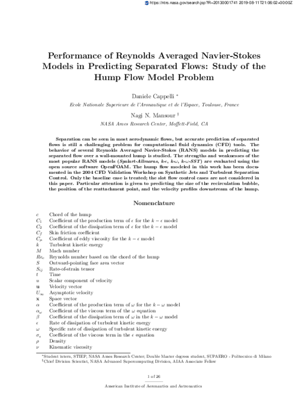 (PDF) Performance of Reynolds Averaged Navier-Stokes Models in ...