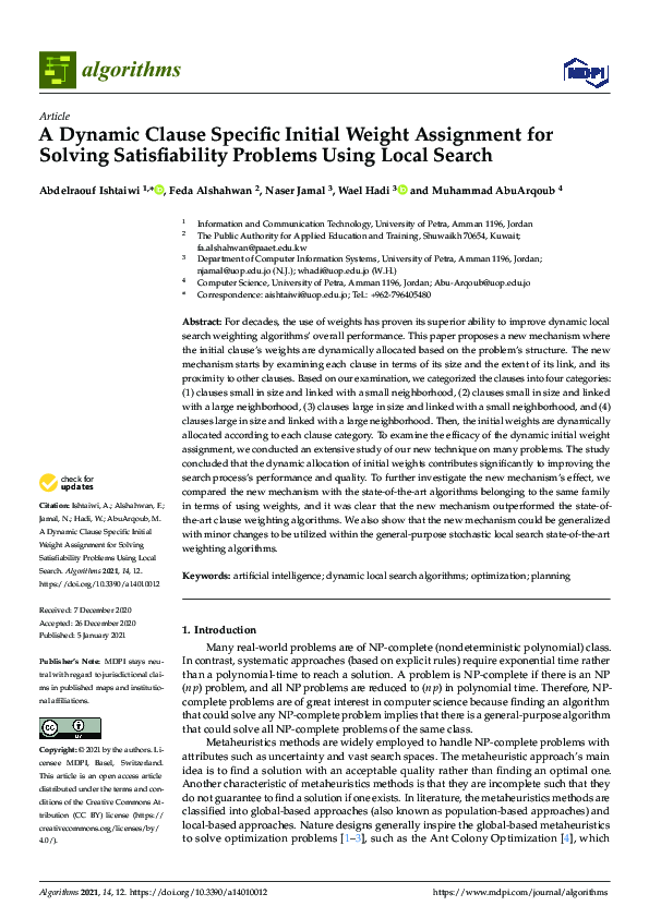 Pdf A Dynamic Clause Specific Initial Weight Assignment For Solving Satisfiability Problems