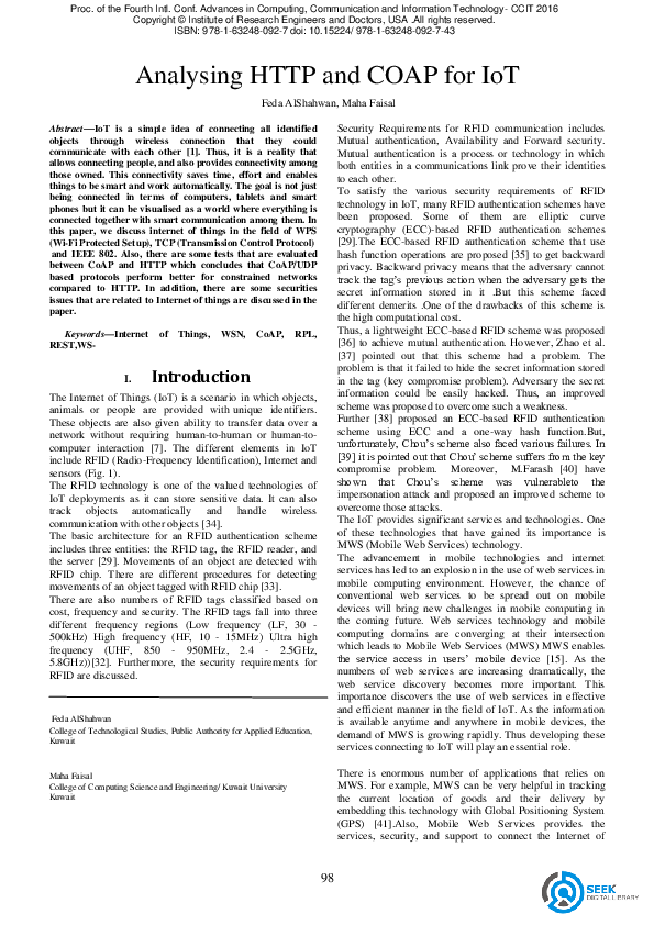 (PDF) Analysing HTTP and COAP for IoT
