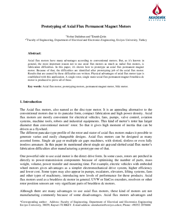 Pdf Prototyping Of Axial Flux Permanent Magnet Motors