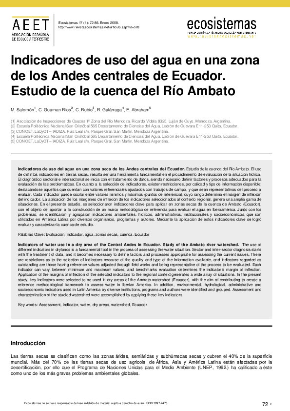 (PDF) Indicators of water use in a dry area of the Central Andes in ...