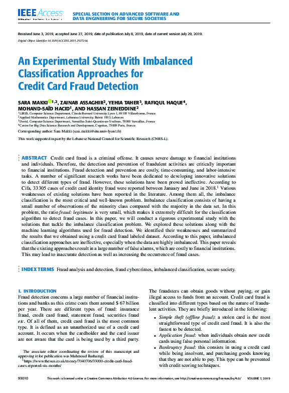 (PDF) An Experimental Study With Imbalanced Classification Approaches for Credit Card Fraud ...