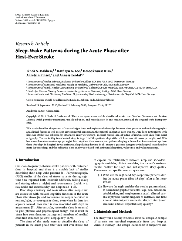 (PDF) Sleep-Wake Patterns during the Acute Phase after First-Ever ...