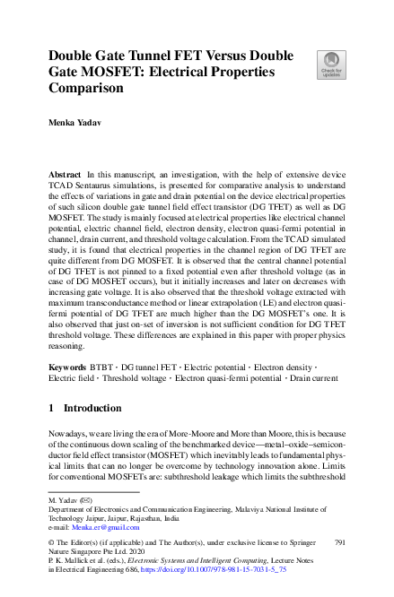 Pdf Double Gate Tunnel Fet Versus Double Gate Mosfet Electrical Properties Comparison