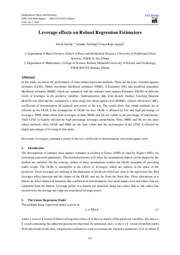 Pdf Leverages Outliers And The Performance Of Robust Regression