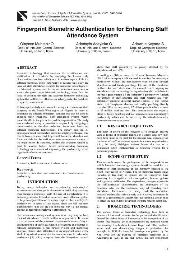(PDF) Fingerprint Biometric Authentication for Enhancing Staff Attendance System