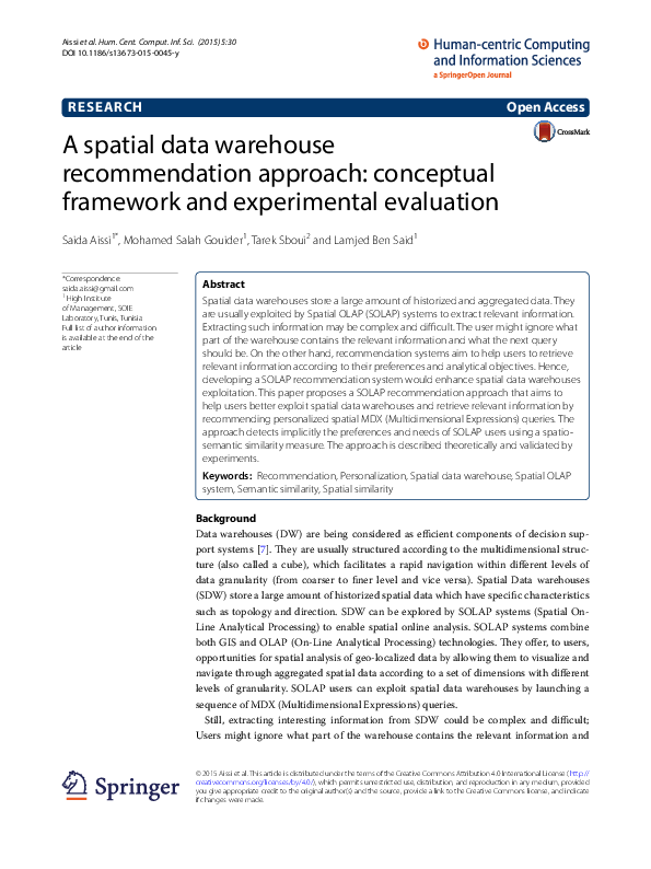(PDF) A spatial data warehouse recommendation approach: conceptual framework and experimental ...