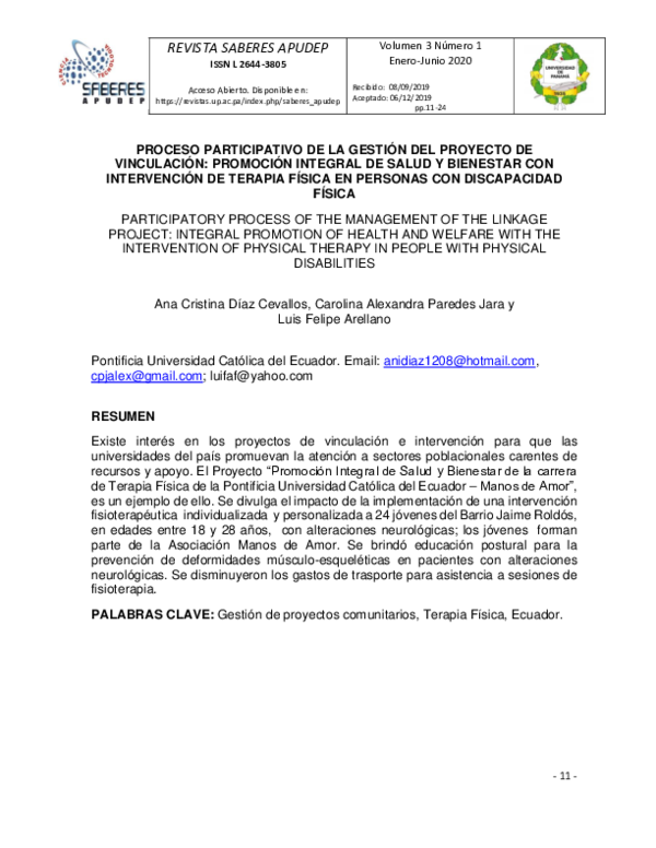 (PDF) Proceso Participativo De La Gestión Del Proyecto De Vinculación: Promoción Integral De ...