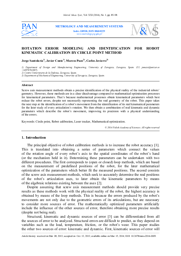 (PDF) Rotation error modeling and identification for Robot kinematic calibration by circle point ...