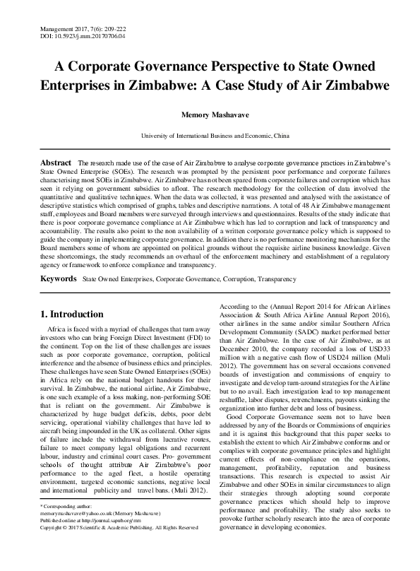 (PDF) Public Sector Corporate Governance in Zimbabwe: The Nexus Between the Zimcode and State ...