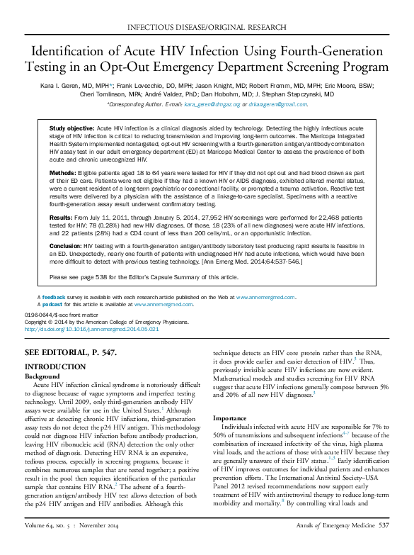 (PDF) Identification of Acute HIV Infection Using Fourth-Generation ...