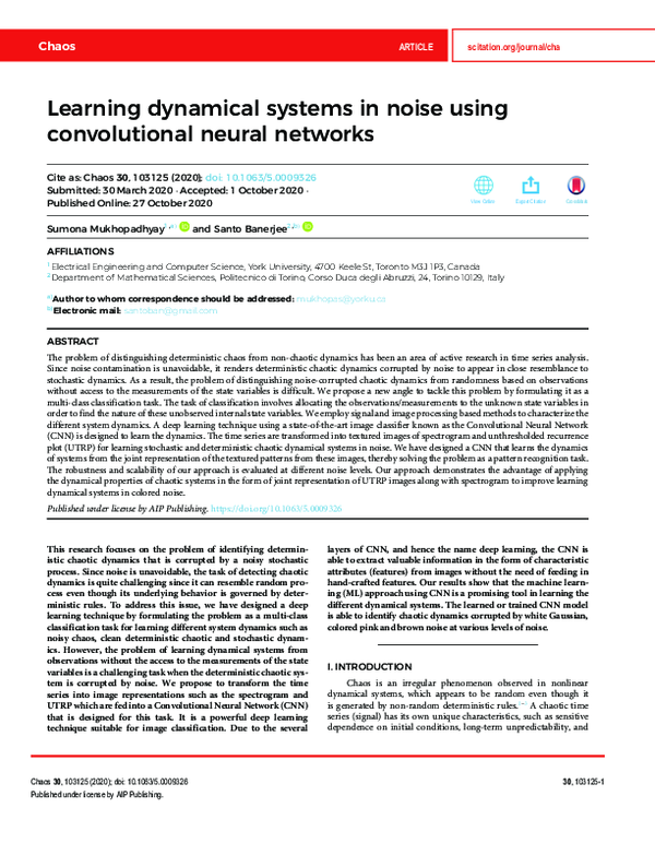 (PDF) Learning dynamical systems in noise using convolutional neural networks