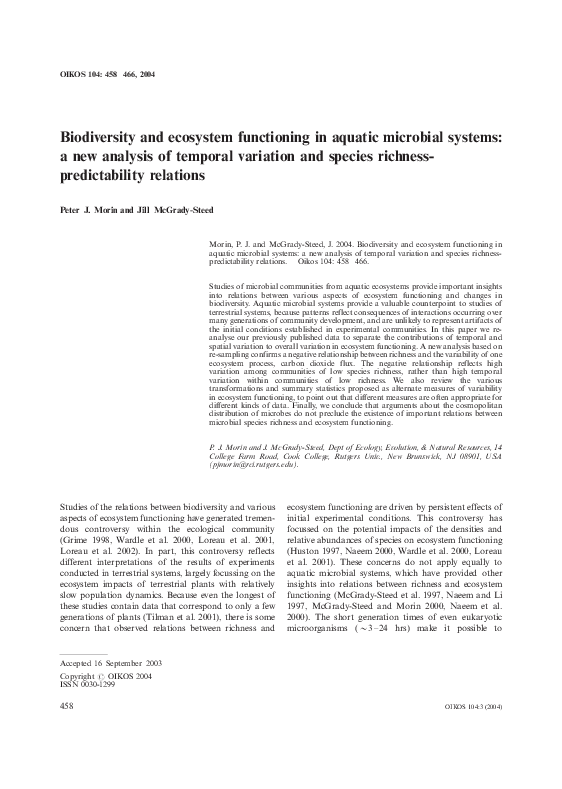 (PDF) Biodiversity and ecosystem functioning in aquatic microbial systems: a new analysis of ...