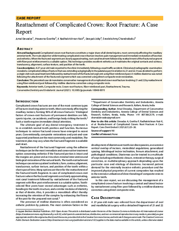 (PDF) Reattachment of Complicated Crown: Root Fracture: A Case Report
